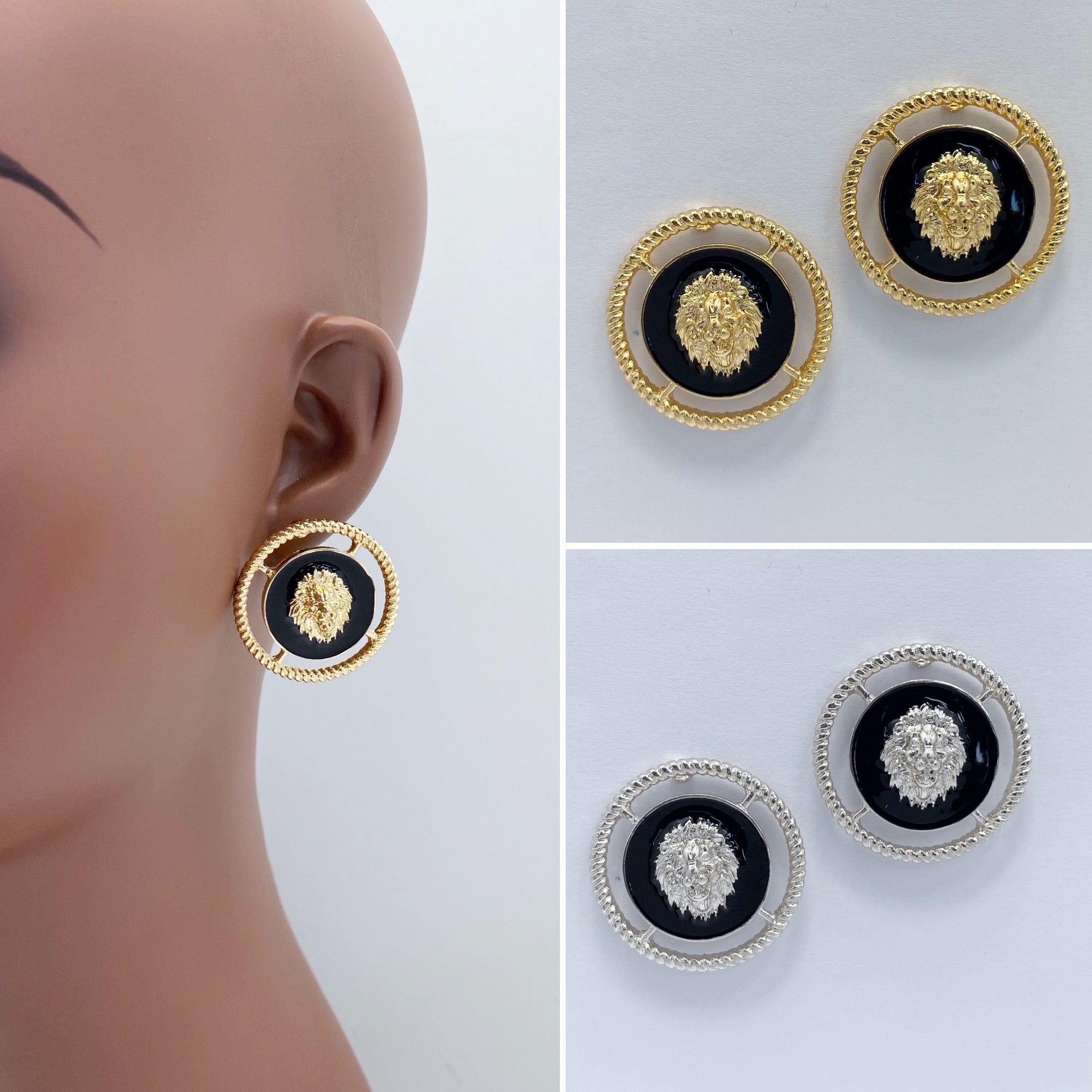 E0829 KE3445 Lionhead Design Stud Style Round Shape Drop Post Earrings ...